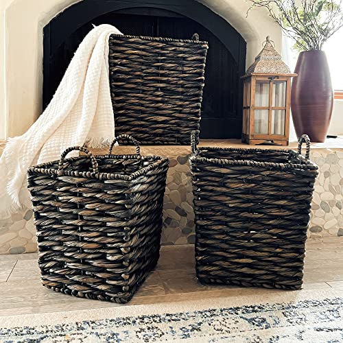 Artera Oversize Wicker Storage Basket - Set of 3 Woven Water Hyacinth Blanket Baskets with Handle, Natural Nesting Floor Storage Bins for Living Room, Bedroom or Laundry Room (Style 1)