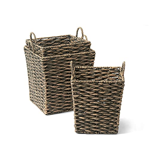 Artera Oversize Wicker Storage Basket - Set of 3 Woven Water Hyacinth Blanket Baskets with Handle, Natural Nesting Floor Storage Bins for Living Room, Bedroom or Laundry Room (Style 1)