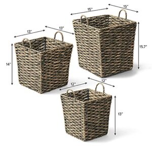 Artera Oversize Wicker Storage Basket - Set of 3 Woven Water Hyacinth Blanket Baskets with Handle, Natural Nesting Floor Storage Bins for Living Room, Bedroom or Laundry Room (Style 1)