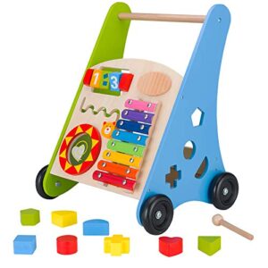 wooden baby push walkers for 1 year old boys girls, push and pull learning activity center with xylophone shape sorter montessori toys