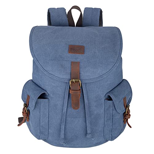 Canvas Backpack for Women Cover Vintage Travel Casual Rucksack School Book Bag Genuine Leather Trimming (Blue)