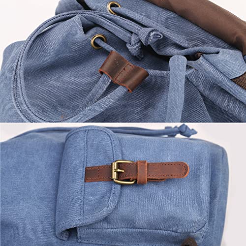 Canvas Backpack for Women Cover Vintage Travel Casual Rucksack School Book Bag Genuine Leather Trimming (Blue)