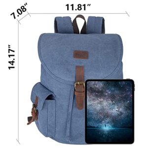 Canvas Backpack for Women Cover Vintage Travel Casual Rucksack School Book Bag Genuine Leather Trimming (Blue)