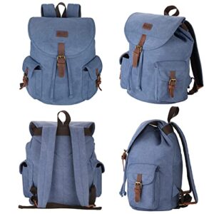 Canvas Backpack for Women Cover Vintage Travel Casual Rucksack School Book Bag Genuine Leather Trimming (Blue)