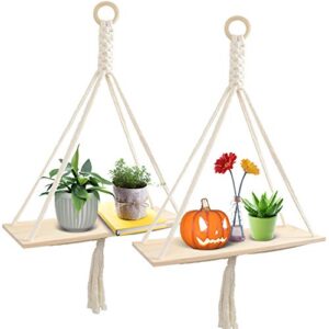 easever macrame hanging shelf, 2 pack wood shelves plant hangers for wall window, boho shelves wall hanging decor for living room bedroom bathroom farmhouse