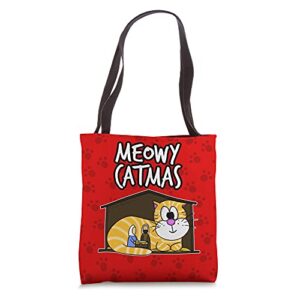 meowy catmas cat nativity christmas 2021 christian funny tote bag