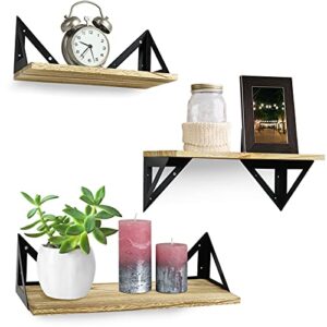 greenco wall mounted floating shelves, set of 3 decorative rustic selves with triangle metal brackets