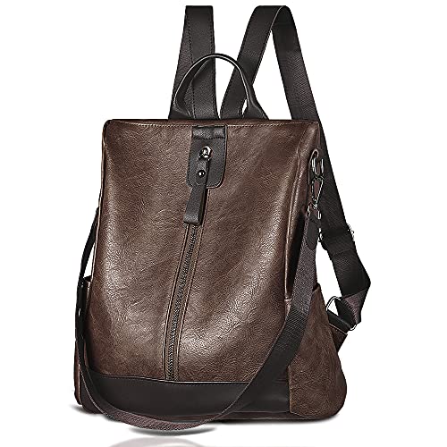 ROOSALANCE Women Backpack Waterproof Anti-theft Lightweight PU Leather Fashion Purse Shoulder Bag Travel Backpack Ladies (Coffee Brown)