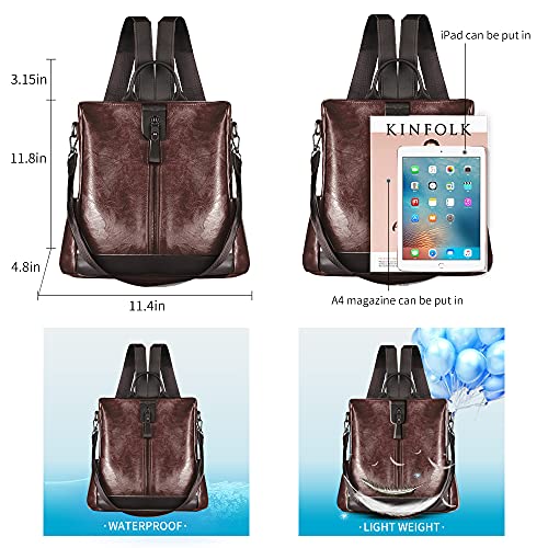 ROOSALANCE Women Backpack Waterproof Anti-theft Lightweight PU Leather Fashion Purse Shoulder Bag Travel Backpack Ladies (Coffee Brown)