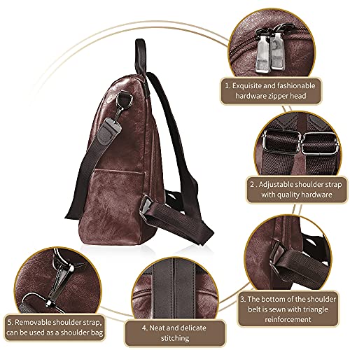 ROOSALANCE Women Backpack Waterproof Anti-theft Lightweight PU Leather Fashion Purse Shoulder Bag Travel Backpack Ladies (Coffee Brown)