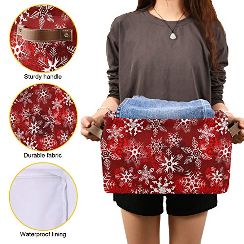 senya Christmas Basket Box Large Foldable Christmas Storage Basket with Handles Christmas Red Pattern with Snowflakes Flower Fabric Collapsible Storage Bins Organizer Bag