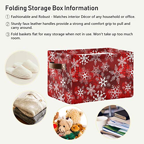 senya Christmas Basket Box Large Foldable Christmas Storage Basket with Handles Christmas Red Pattern with Snowflakes Flower Fabric Collapsible Storage Bins Organizer Bag