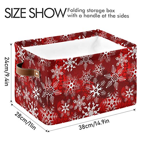 senya Christmas Basket Box Large Foldable Christmas Storage Basket with Handles Christmas Red Pattern with Snowflakes Flower Fabric Collapsible Storage Bins Organizer Bag