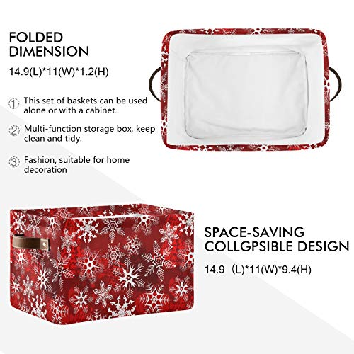 senya Christmas Basket Box Large Foldable Christmas Storage Basket with Handles Christmas Red Pattern with Snowflakes Flower Fabric Collapsible Storage Bins Organizer Bag