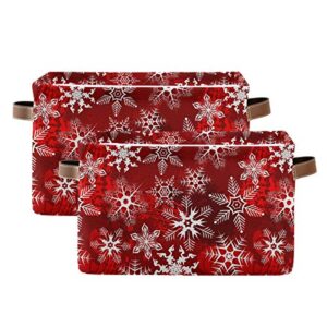 senya Christmas Basket Box Large Foldable Christmas Storage Basket with Handles Christmas Red Pattern with Snowflakes Flower Fabric Collapsible Storage Bins Organizer Bag