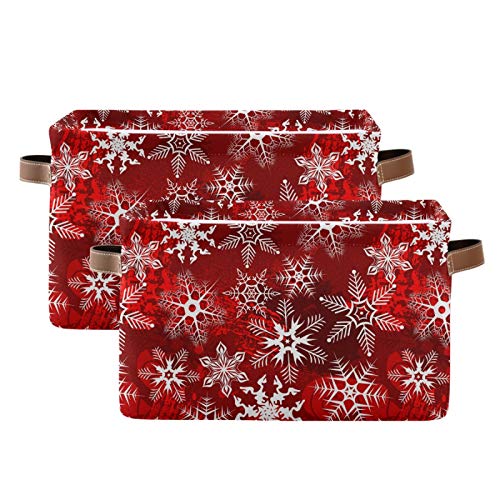 senya Christmas Basket Box Large Foldable Christmas Storage Basket with Handles Christmas Red Pattern with Snowflakes Flower Fabric Collapsible Storage Bins Organizer Bag