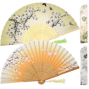 leehome small folding hand fans for women -chinese japanese 2pcs vintage bamboo silk fans – for dance, music festival, wedding, party, decorations,gift. (green sakura butterflies & yellow sakura)