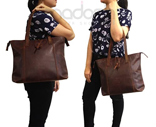 Madosh Genuine Leather BrownTote Bag Women Shoulder Rustic Handbag Casual Purse