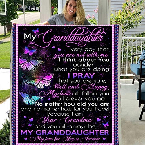 Maylian to My Granddaughter Printed with Blue and Purple Butterflies Fleece Blanket Gift (80 X 60 INCH)