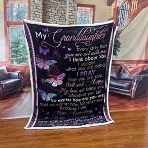 Maylian to My Granddaughter Printed with Blue and Purple Butterflies Fleece Blanket Gift (80 X 60 INCH)