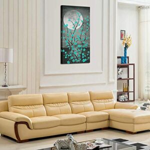 Kreative Arts Large Canvas Prints Wall Art Grey and Teal Plum Blossom Tree and Full Moon Vertical Contemporary Painting for Living Room Decorations 20x40inch