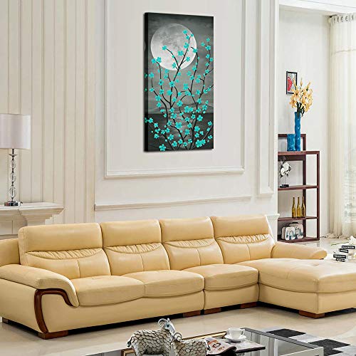 Kreative Arts Large Canvas Prints Wall Art Grey and Teal Plum Blossom Tree and Full Moon Vertical Contemporary Painting for Living Room Decorations 20x40inch