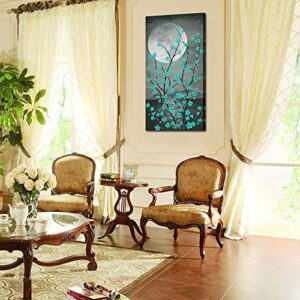 Kreative Arts Large Canvas Prints Wall Art Grey and Teal Plum Blossom Tree and Full Moon Vertical Contemporary Painting for Living Room Decorations 20x40inch