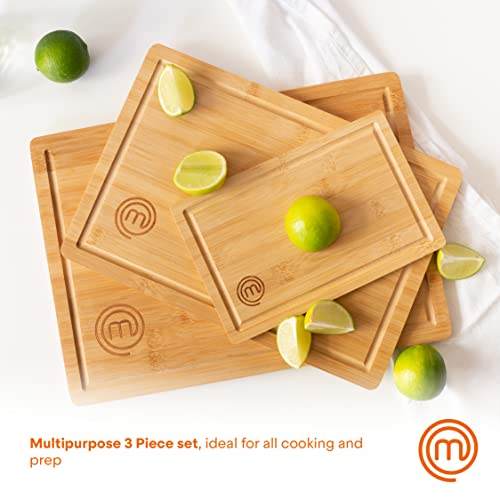 MasterChef Cutting Boards for Kitchen, Bamboo Chopping Board Set of 3, Organic Food Safe Surfaces for Preparing & Serving Meat, Cheese etc, Large, Medium & Small Wooden Boards with Juice Grooves