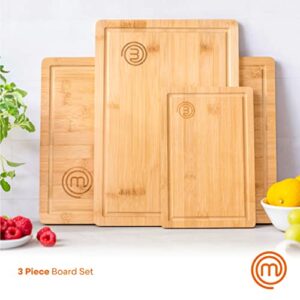 MasterChef Cutting Boards for Kitchen, Bamboo Chopping Board Set of 3, Organic Food Safe Surfaces for Preparing & Serving Meat, Cheese etc, Large, Medium & Small Wooden Boards with Juice Grooves