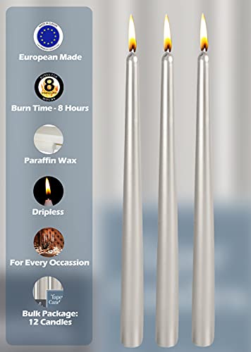 Hyoola Tall Taper Candles - 10 Inch - Metallic Titan - Dripless - 12 Pack - 8 Hour Burn Time