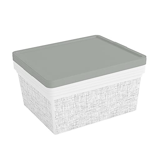 Curver Set of 4 M C Decorative Plastic Organization and Storage Box, 10.3L / 10.9 QT, White with Tweed Pattern, 4 Count