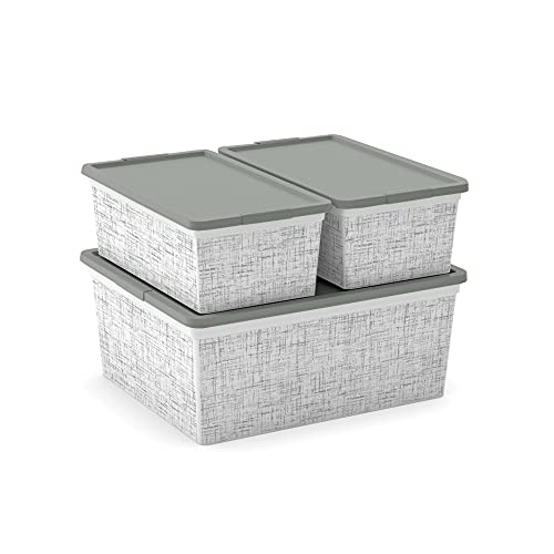 Curver Set of 4 M C Decorative Plastic Organization and Storage Box, 10.3L / 10.9 QT, White with Tweed Pattern, 4 Count