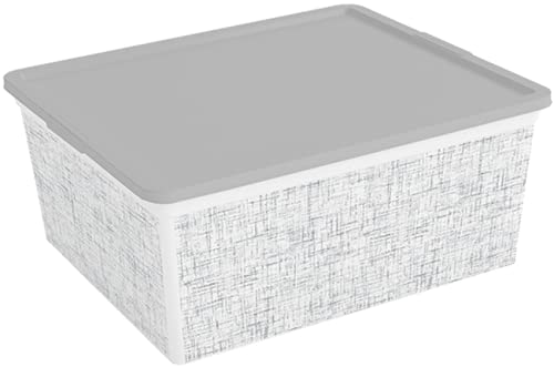 Curver Set of 4 M C Decorative Plastic Organization and Storage Box, 10.3L / 10.9 QT, White with Tweed Pattern, 4 Count