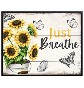 just breathe sunflower wall art – positive quotes wall decor – encouragement gifts for women – inspirational quotes wall decor – uplifting gifts for women – bedroom wall art sign – country wall art