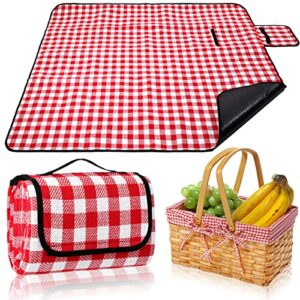 picnic basket natural woven woodchip basket with double folding handles, picnic blanket easter basket for easter egg candy halloween christmas kids toy storage (red and white grid)