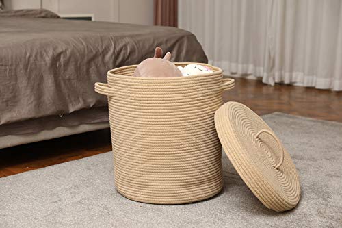 16" x 16" x 18" Large Cotton Rope Storage Basket with Lid, Full Beige with Cover