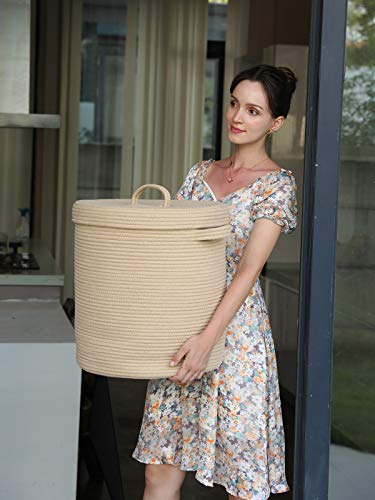 16" x 16" x 18" Large Cotton Rope Storage Basket with Lid, Full Beige with Cover