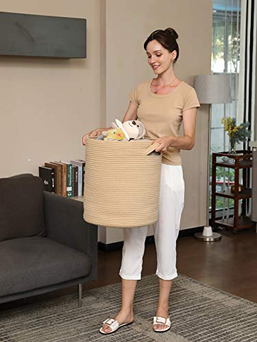 16" x 16" x 18" Large Cotton Rope Storage Basket with Lid, Full Beige with Cover