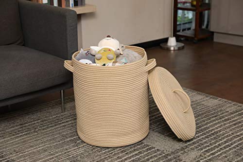 16" x 16" x 18" Large Cotton Rope Storage Basket with Lid, Full Beige with Cover