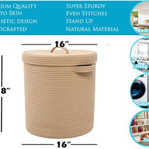 16" x 16" x 18" Large Cotton Rope Storage Basket with Lid, Full Beige with Cover