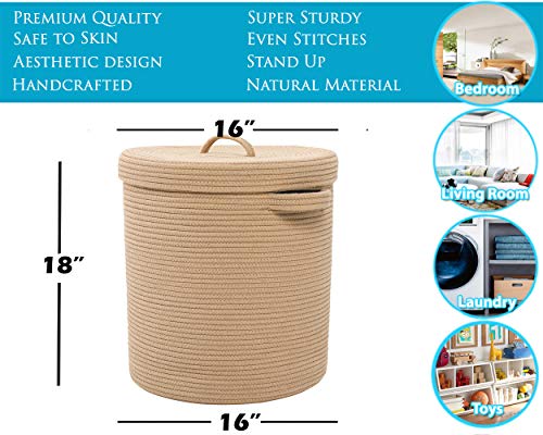 16" x 16" x 18" Large Cotton Rope Storage Basket with Lid, Full Beige with Cover