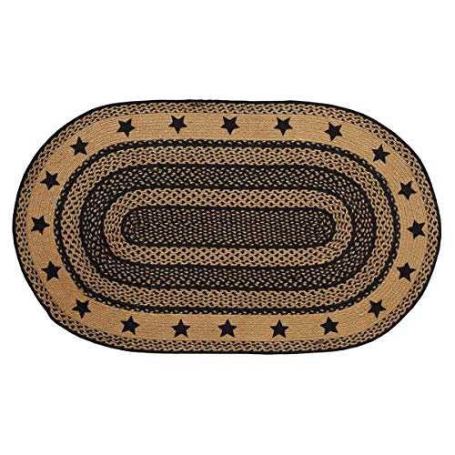 VHC Brands Farmhouse Jute Stencil Stars Border Oval Rug 36x60 Country Braided Flooring, Country Black and Tan