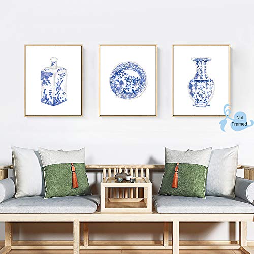 Chinoiserie Wall Art Print-- Bedroom or Study Decor -- Chinese Blue White Porcelain Vase Canvas Print ( Set of 6 )--Unframed--8X10 inch 1