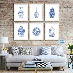 Chinoiserie Wall Art Print-- Bedroom or Study Decor -- Chinese Blue White Porcelain Vase Canvas Print ( Set of 6 )--Unframed--8X10 inch 1