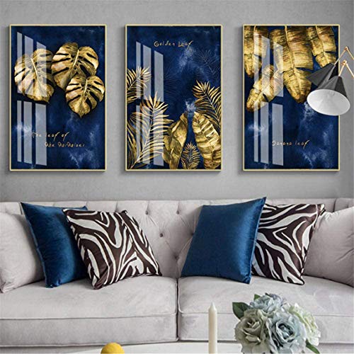 3 Pieces Picture Set Nordic Luxury Navy Blue Gold Abstract Leaves Vein Texture Canvas Print Decorative Painting for Living Room Home Decor With Inner Frame