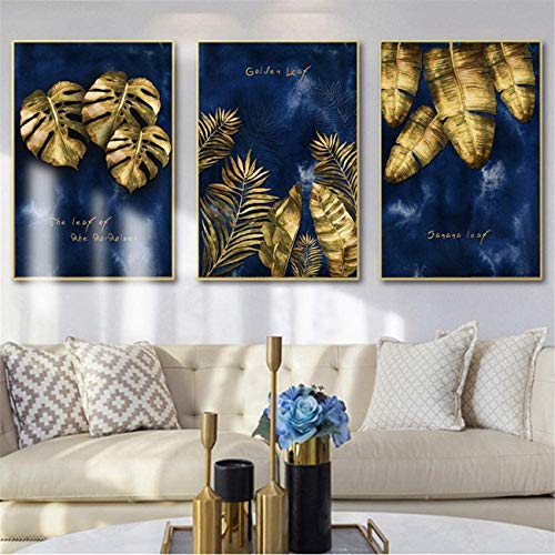 3 Pieces Picture Set Nordic Luxury Navy Blue Gold Abstract Leaves Vein Texture Canvas Print Decorative Painting for Living Room Home Decor With Inner Frame