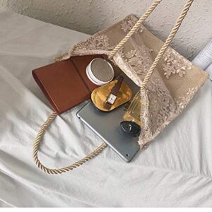 Women Flower Embroidery Tote Frosted Silk Straw Bag Summer Seaside Travel Vacation Beach Bag Shoulder Retro Lace Handbag New