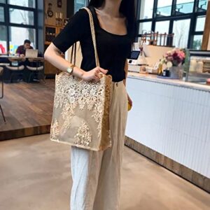 Women Flower Embroidery Tote Frosted Silk Straw Bag Summer Seaside Travel Vacation Beach Bag Shoulder Retro Lace Handbag New