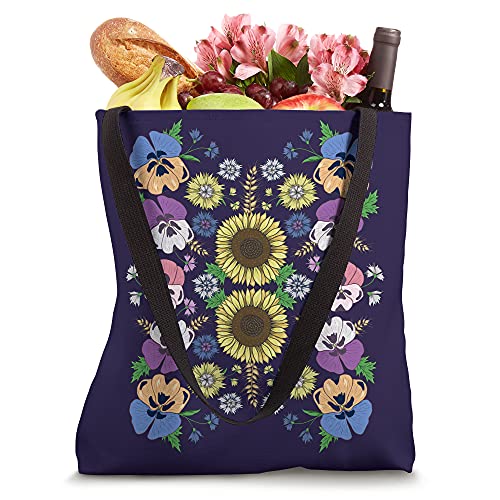 Pansy Flowers & Sunflower Vintage Ukrainian Vyshyvanka Style Tote Bag