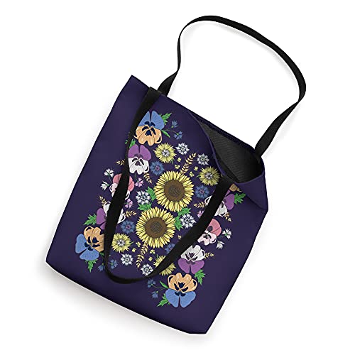 Pansy Flowers & Sunflower Vintage Ukrainian Vyshyvanka Style Tote Bag